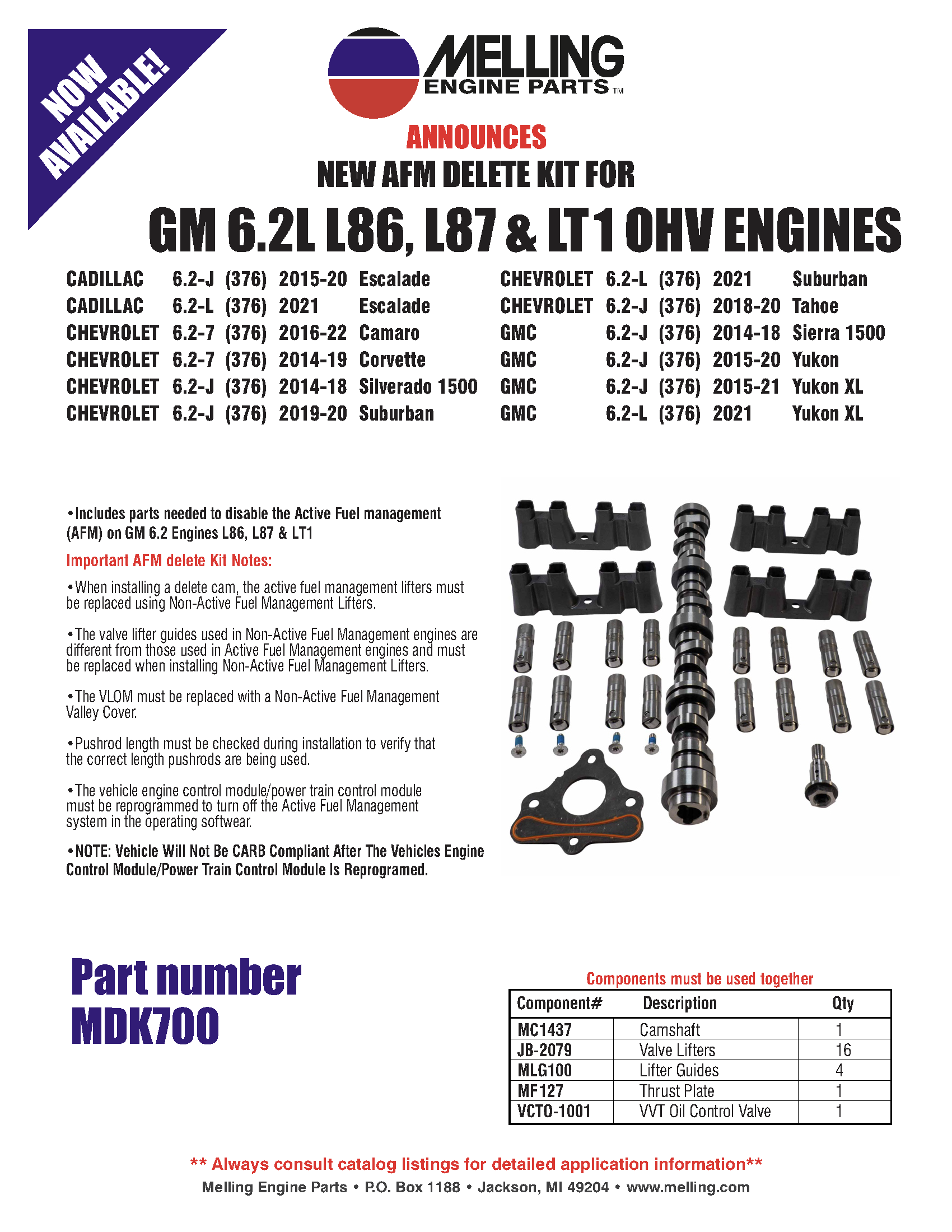 AFM Delete KIT for GM 6.2L L86, L87 & LT1 – # MDK700 - Melling Tool Company